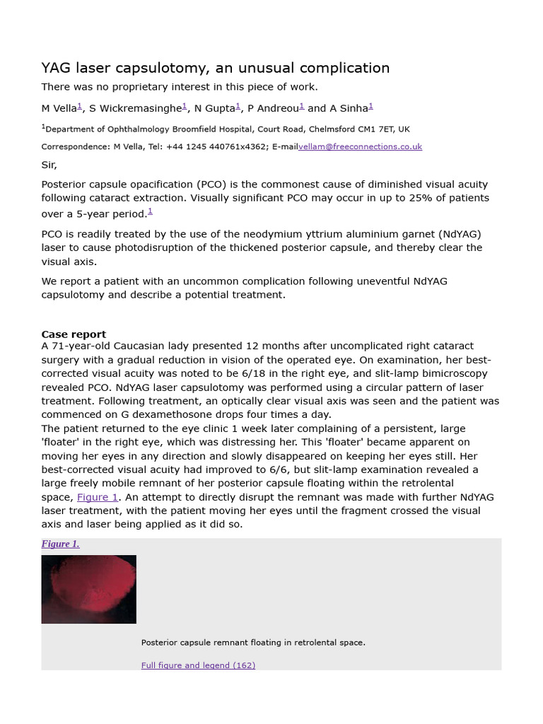 YAG Laser Capsulotomy, An Unusual Complication | PDF | Cataract | Visual System