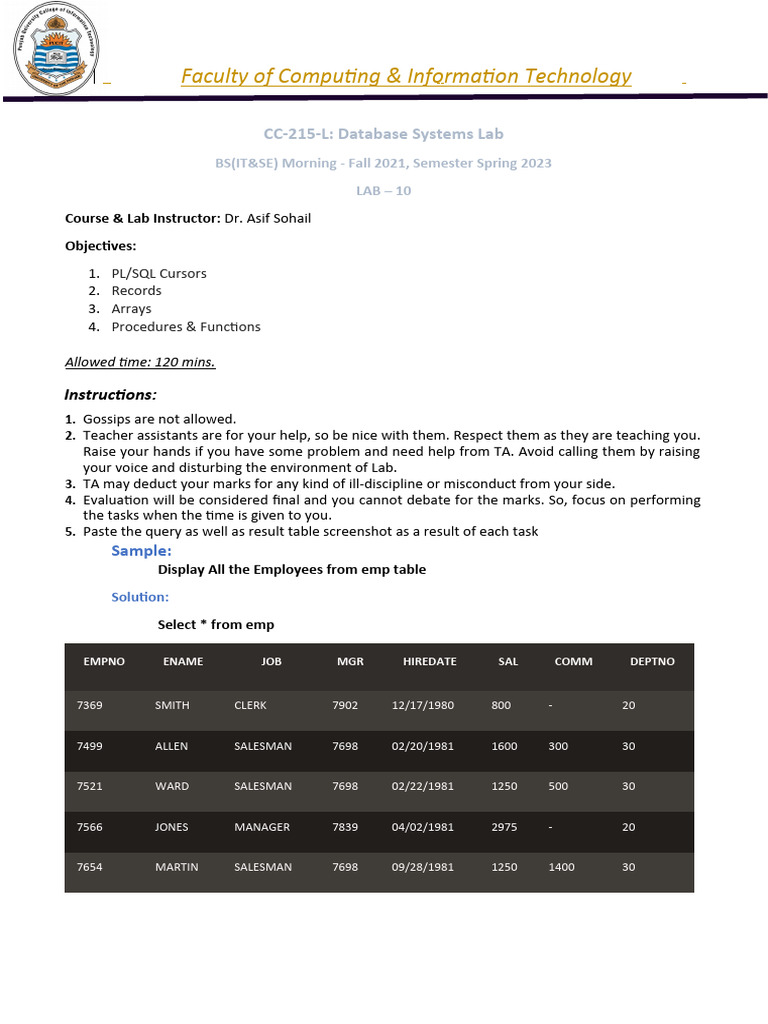 Database Systems Lab: PL/SQL Tasks Guide | PDF | Pl/Sql | Salary