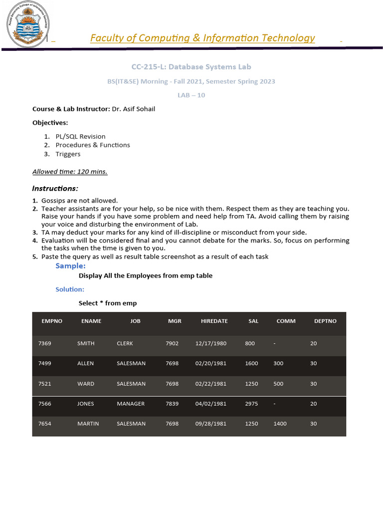 DBS-BIT&BSE-Lab 11 PL-SQL-3 | PDF | Table (Database) | Cybernetics