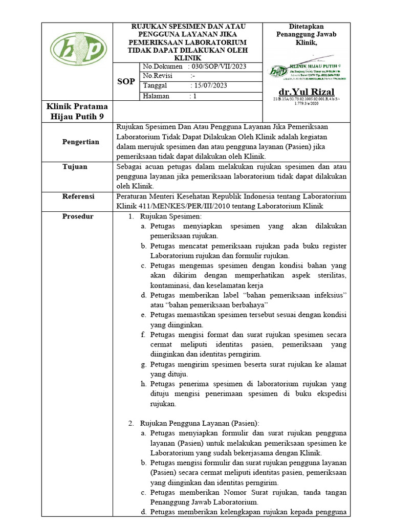 Sop - Rujukan Spesimen Dan Atau Pengguna Layanan Jika Pemeriksaan ...