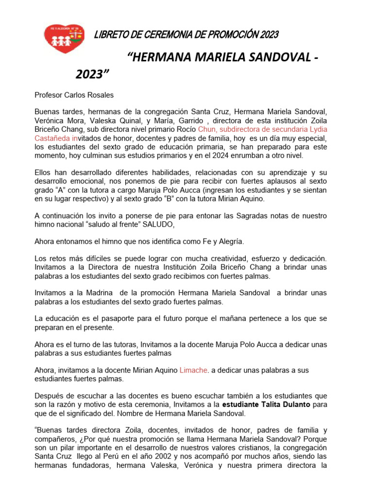 Ceremonia de Promoción Primaria 2023 | PDF