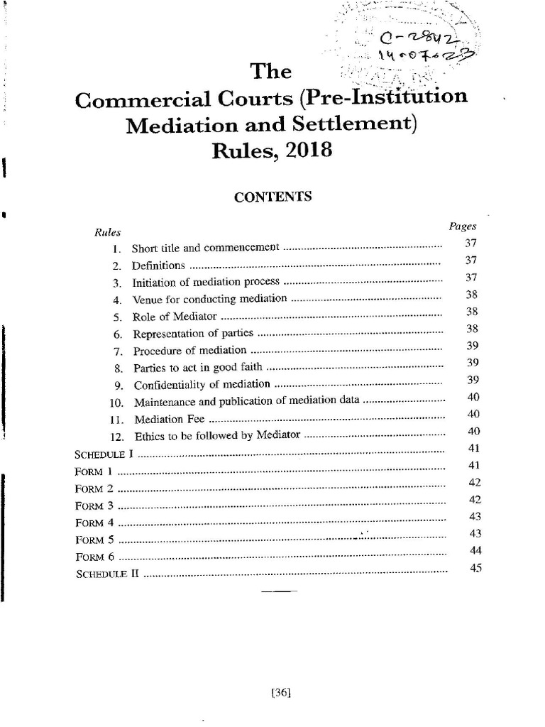 Commercial Court Pre Institution Mediation and Settlement Rules, 2018 | PDF
