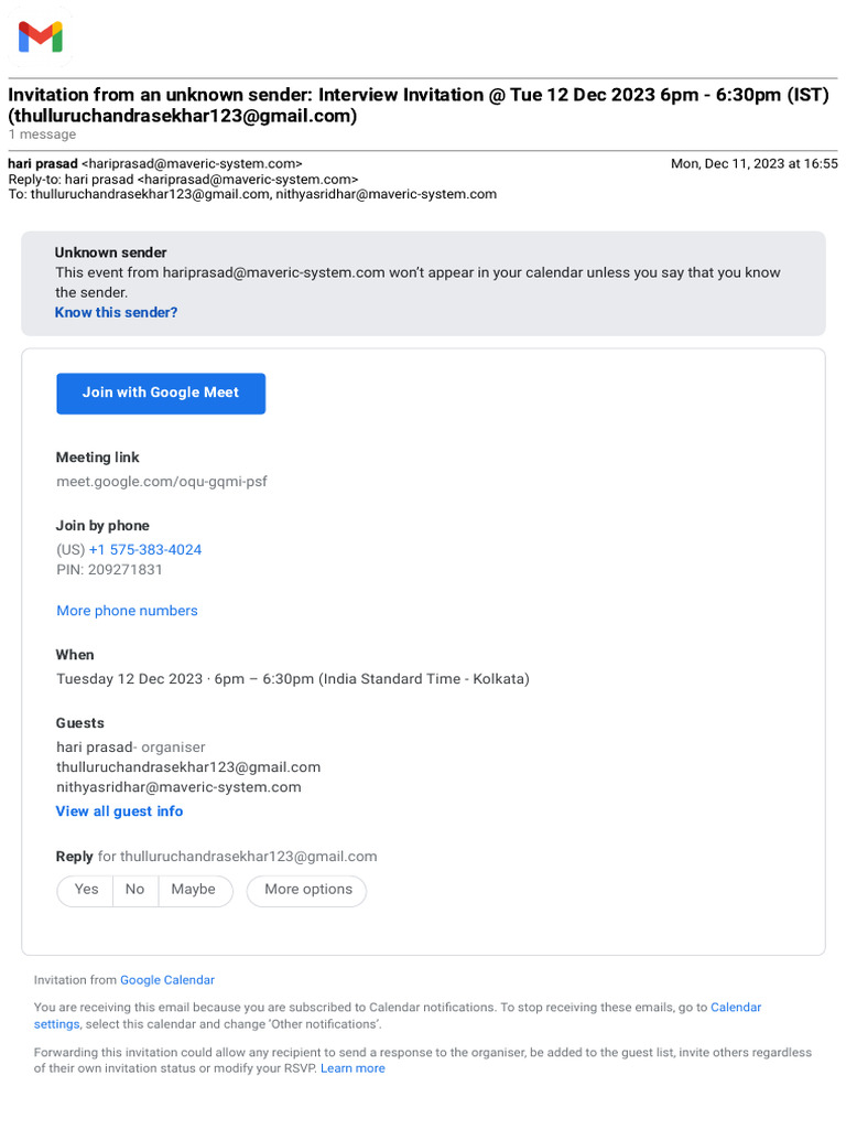 Gmail - Invitation From An Unknown Sender - Interview Invitation at Tue ...
