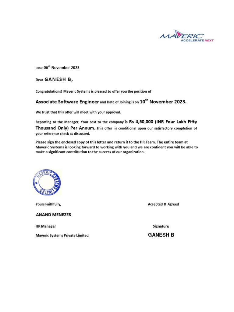 Ganesh B - OFFER LETTER - 061123 | PDF | Employment | Trade Secret