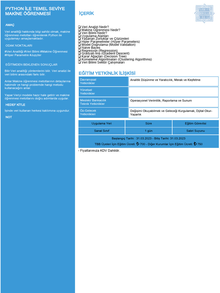 TBB Python Ile Temel Seviye Makine Ogrenmesi 1 | PDF