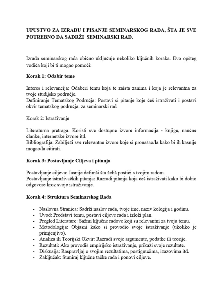 Upustvo Za Izradu i Pisanje Seminarskog Rada | PDF