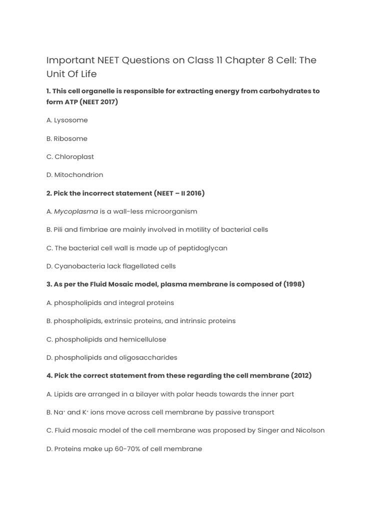Neet Pyq Cell - The Unit of Life | PDF | Cell (Biology) | Cell Membrane