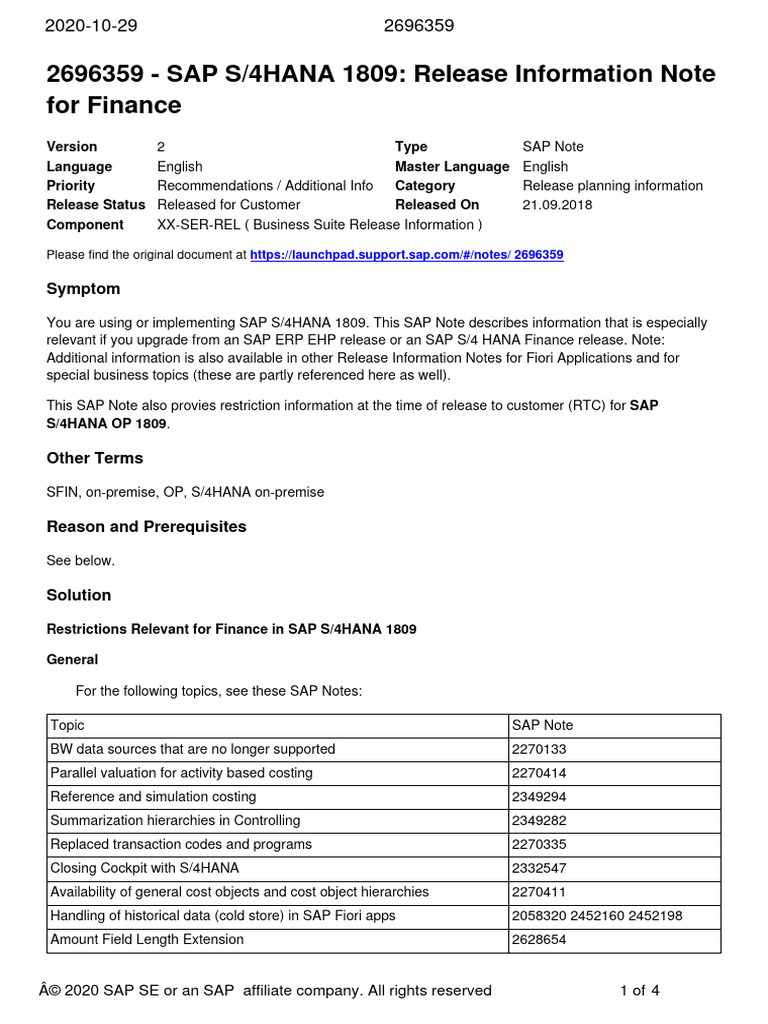 SAP S4HANA 1809 Release Information Note | PDF | Accounts Payable ...