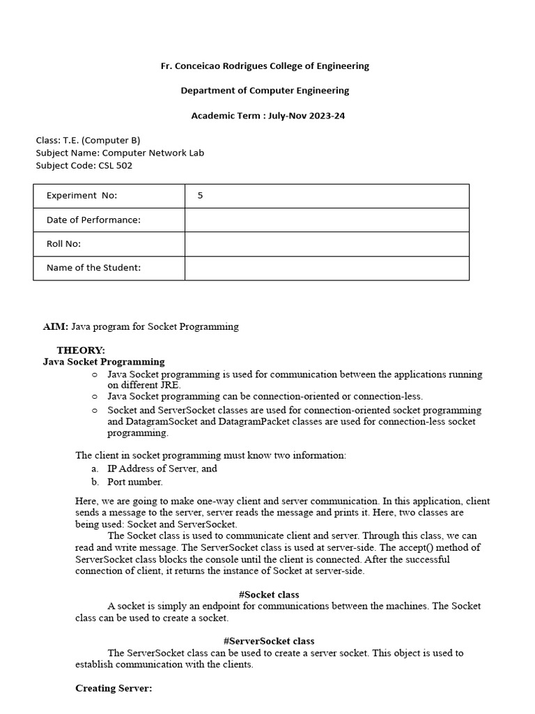 Cn Exp5 Socket Programming Pdf Network Socket Port Computer Networking