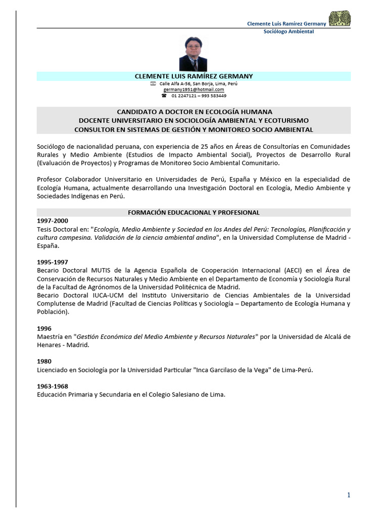 CV - Ramirez Germany - Eia - 4 Sep 2013 | PDF | Perú | Universidad