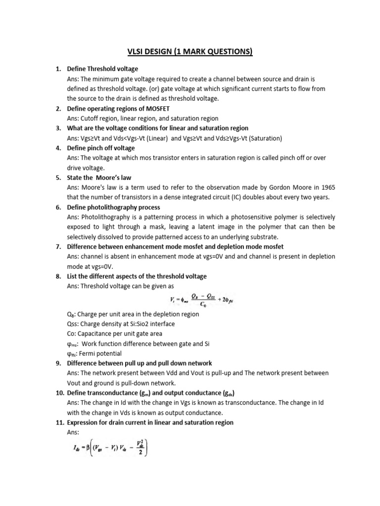 VLSI DESIGN 1 MARK QUESTIONS | PDF | Field Effect Transistor | Electronic Circuits