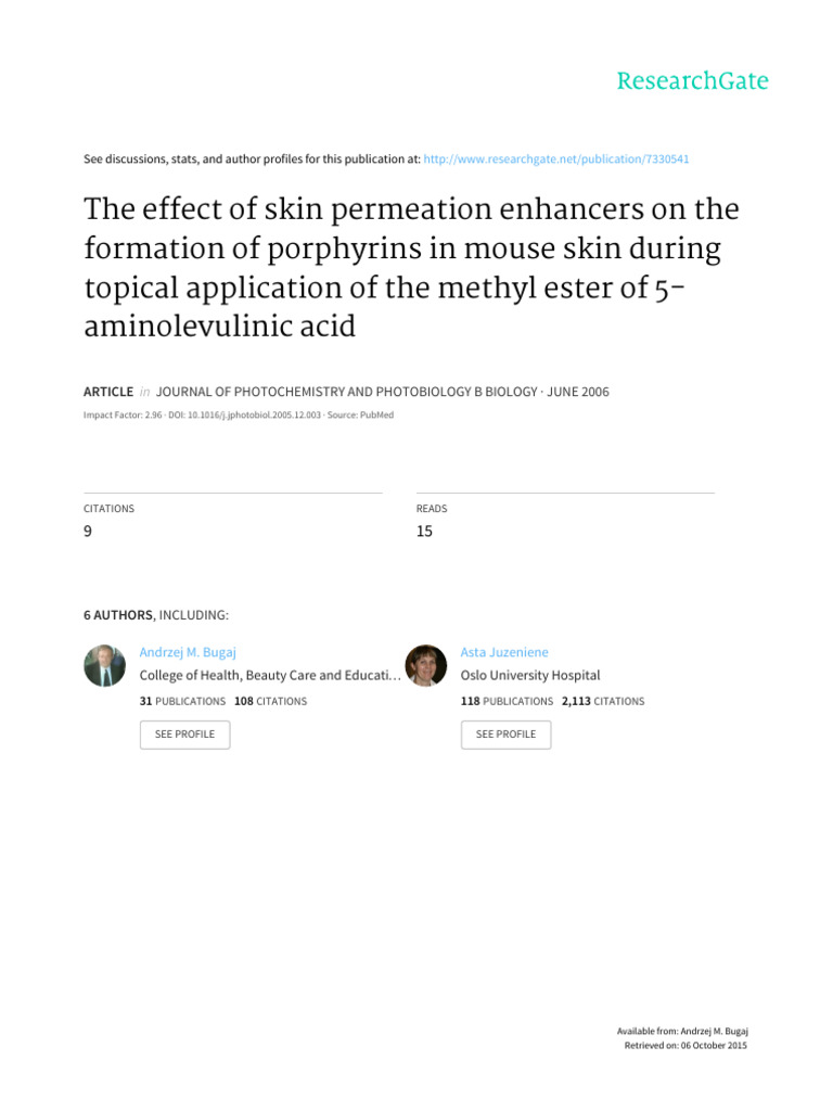 The Effect of Skin Permeation Enhancers On The Formation of Porphyrins in Mouse Skin During ...