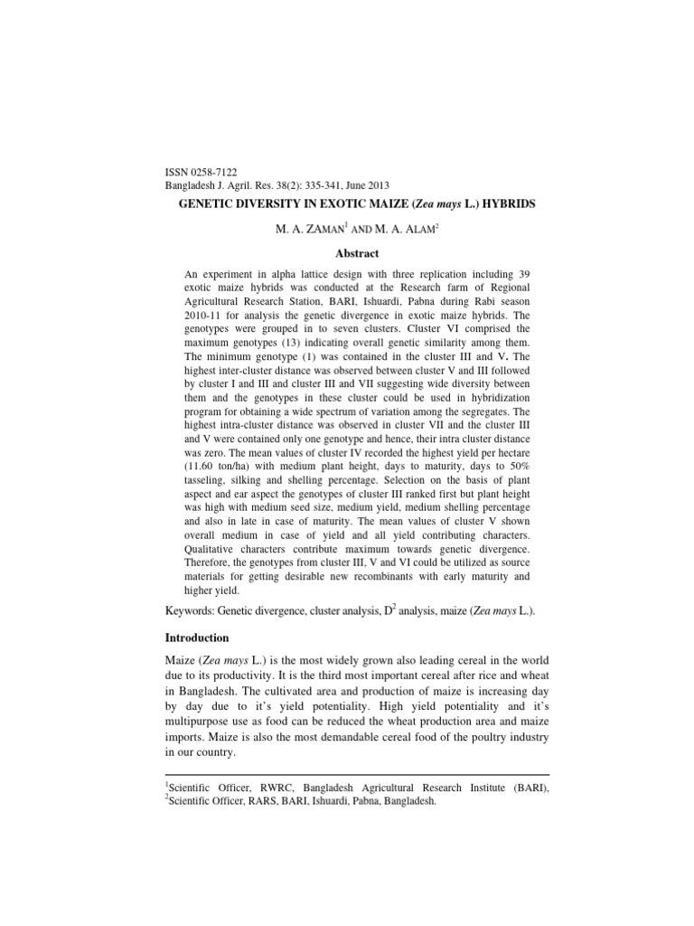 Genetic Diversity in Exotic Maize Zea Mays L Hybri | PDF | Maize | Hybrid (Biology)