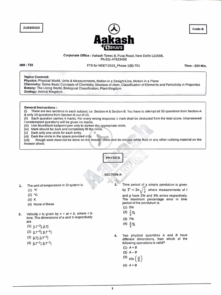 Aakash FTS NEET-2023 Phase-1(B) Test | PDF | Acceleration | Speed