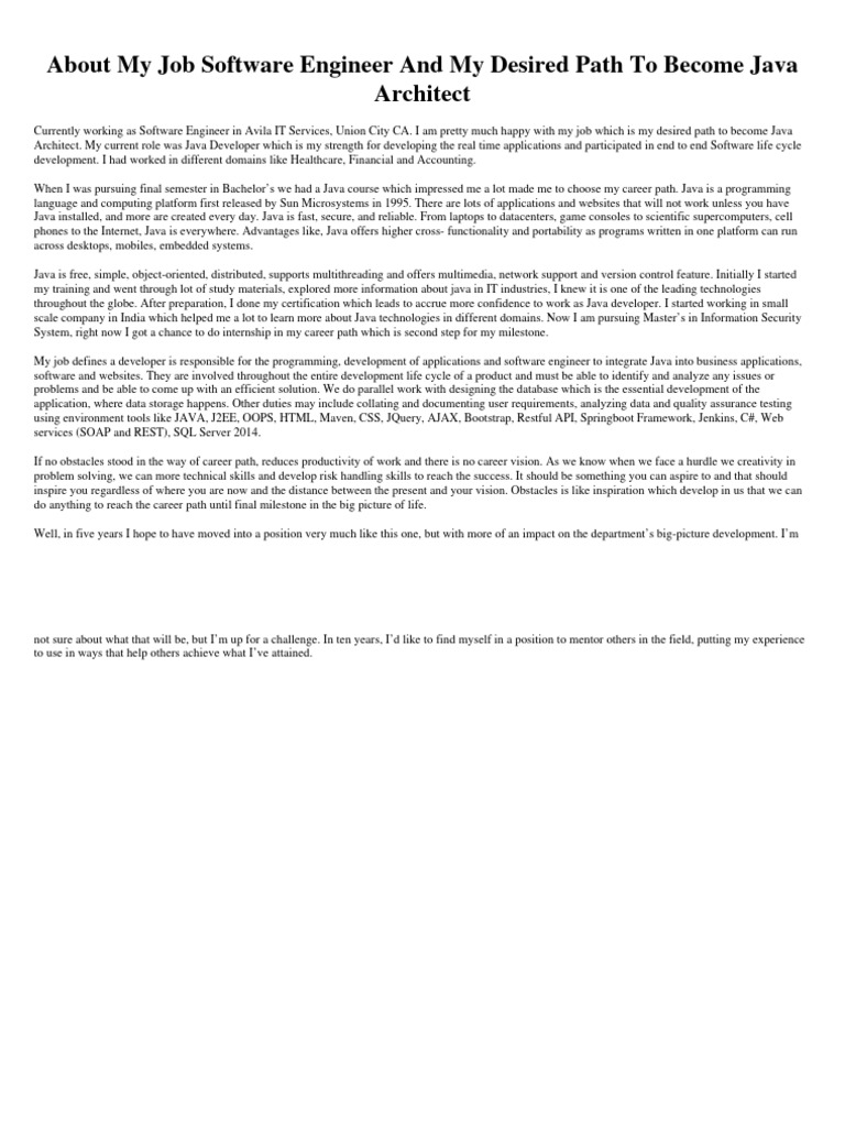 About My Job Software Engineer and My Desired Path To Become Java Architect | Download Free PDF ...