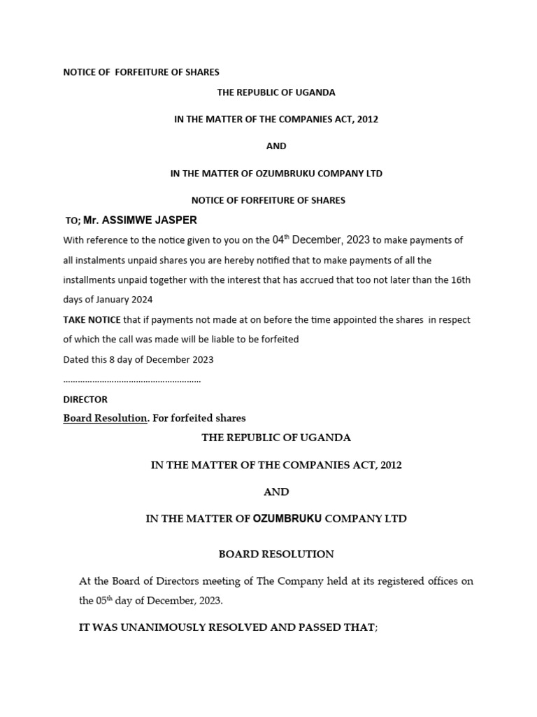 Forfeiture Notice for Ozumbruku Shares | PDF | Justice | Crime & Violence