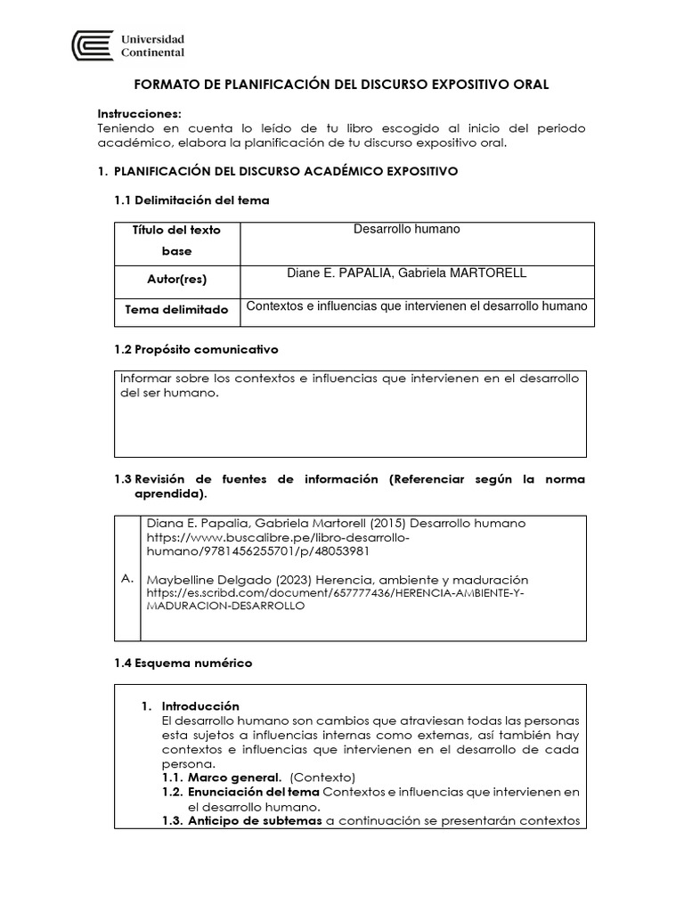 Formato de Planificación Del Discurso Expositivo Oral .. | PDF ...