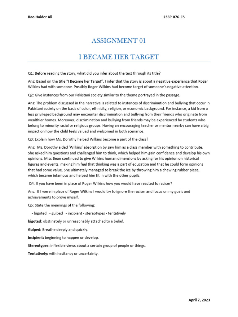 English Assignment 01 (Comprehension) | PDF | Discrimination | Stereotypes