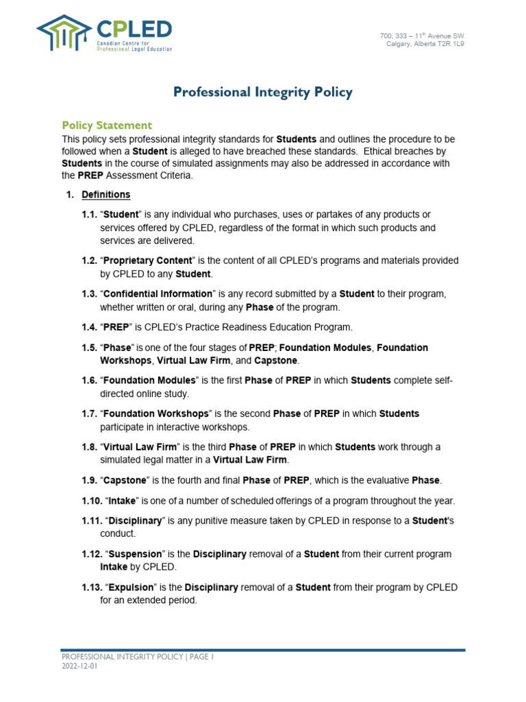 Professional Integrity Policy | PDF | Plagiarism | Trade Secret