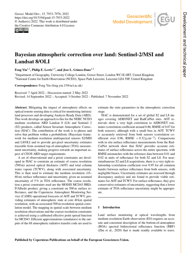 Bayesian Atmospheric Correction Over Land Sentinel 2 Msi And Landsat 8 Oli Pdf