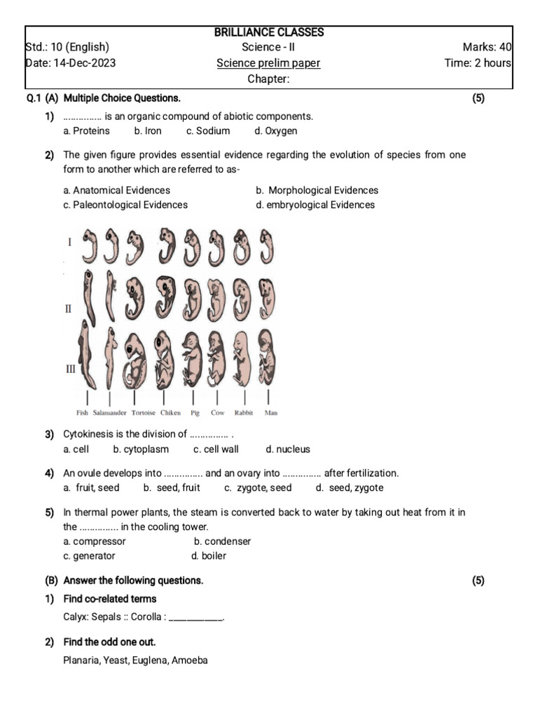 Science Prelim Paper Std 10 | PDF | Reproduction | Nature