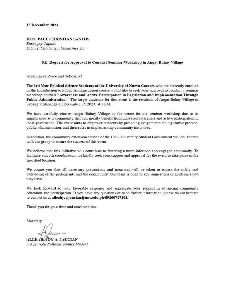 Letter - Barangay Captain of Sabang | PDF