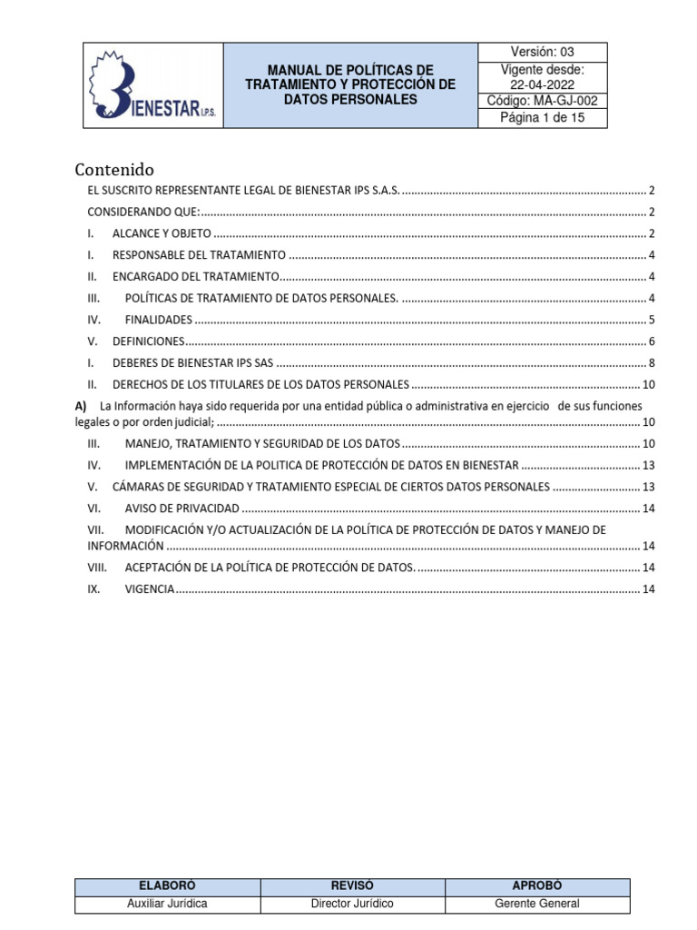 MA GJ 002 Manual de Tratamiento de Datos Personales 2 | PDF | Historial médico | Business