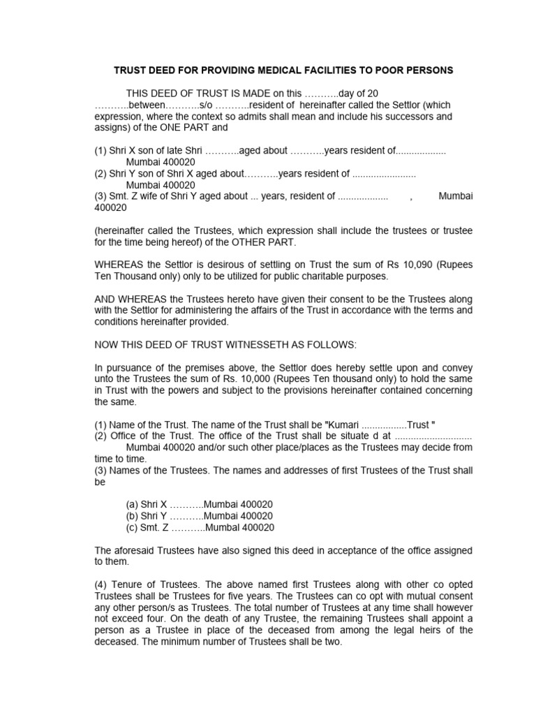Trust Deed For Providing Medical Facilities To Poor Persons | PDF | Trust Law | Trustee