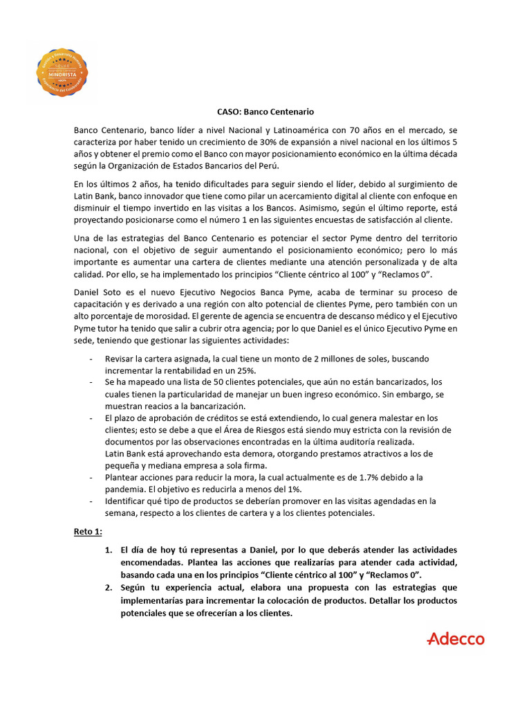 Caso Banco Centenario | Descargar gratis PDF | Bancos | Pequeñas y medianas empresas