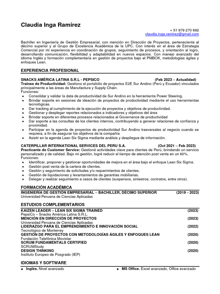 CV - Inga Ramirez, Claudia Alejandra | PDF | Producción y fabricación | Negocios económicos