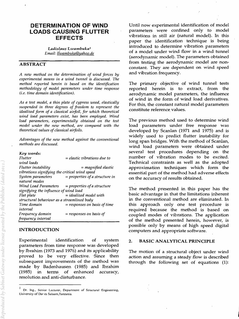 Lwambuka 2007 Determination of Wind Loads Causing Flutter Effects | PDF | Acceleration | Integral