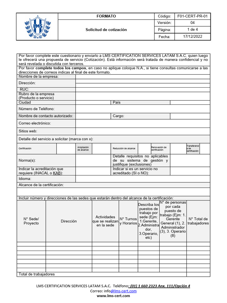 F01-CERT-PR-01 Solicitud de Cotizacion Ver.04 1 | PDF | Auditoría | Red mundial