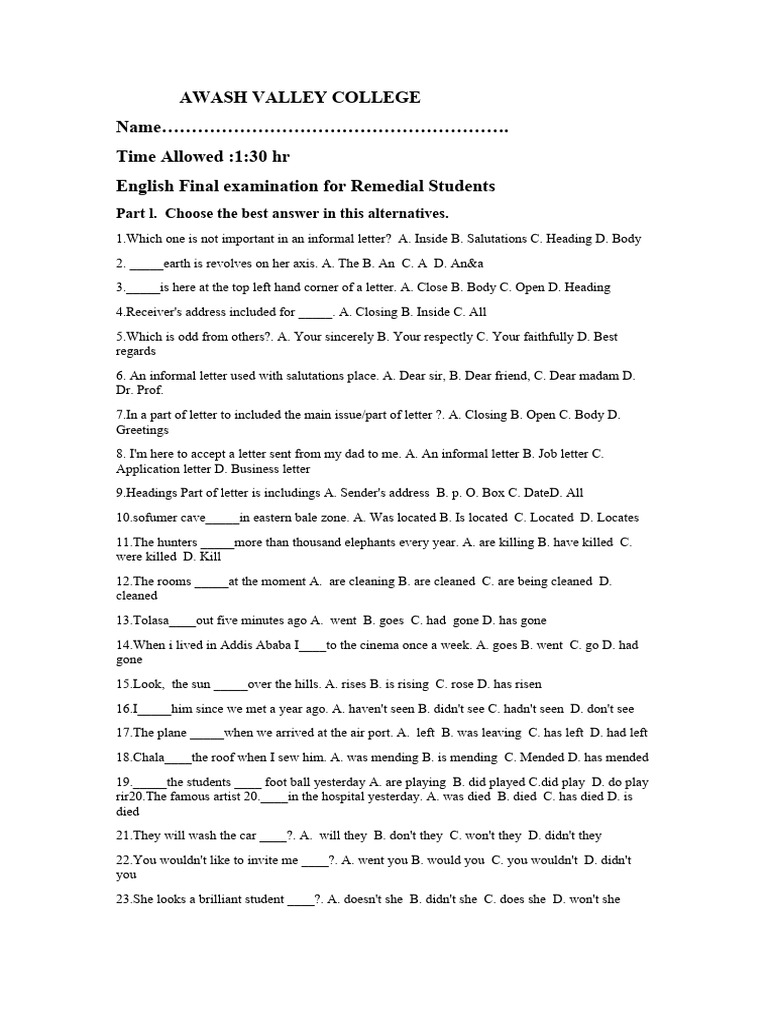 English Remedial Exam | PDF