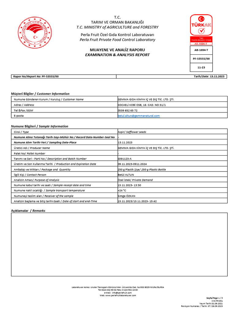 Pesticide Report - Safflower 53555 | PDF
