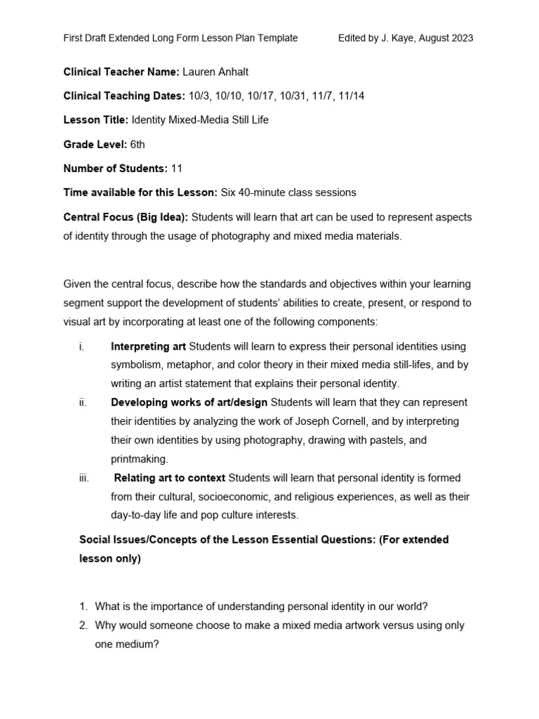 Extended Lesson Plan | PDF | Printmaking | Still Life