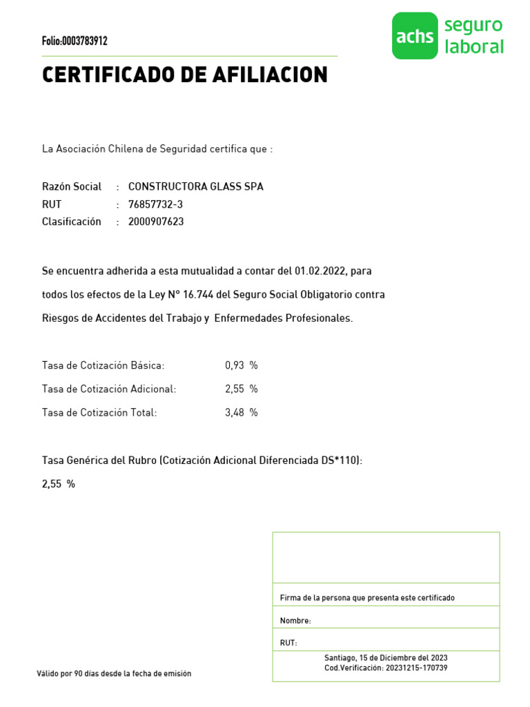 Certificado de Afiliación ACHS | PDF | Negocios | Finanzas y dinero