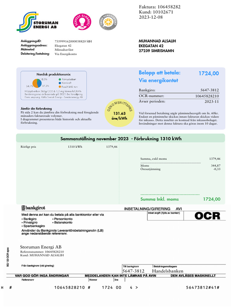 Via Energikontot Belopp Att Betala: 1724,00: Sammanställning November ...
