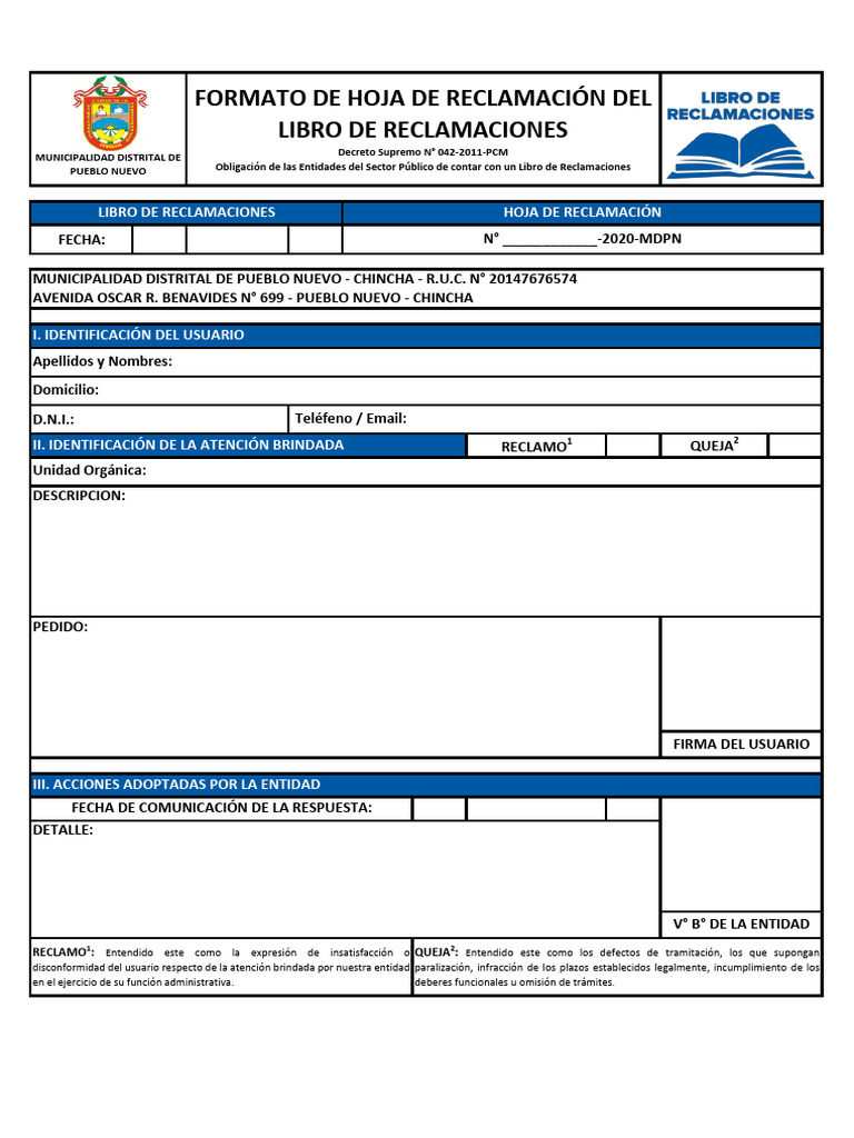 Formato Libro Reclamaciones 2020 | PDF