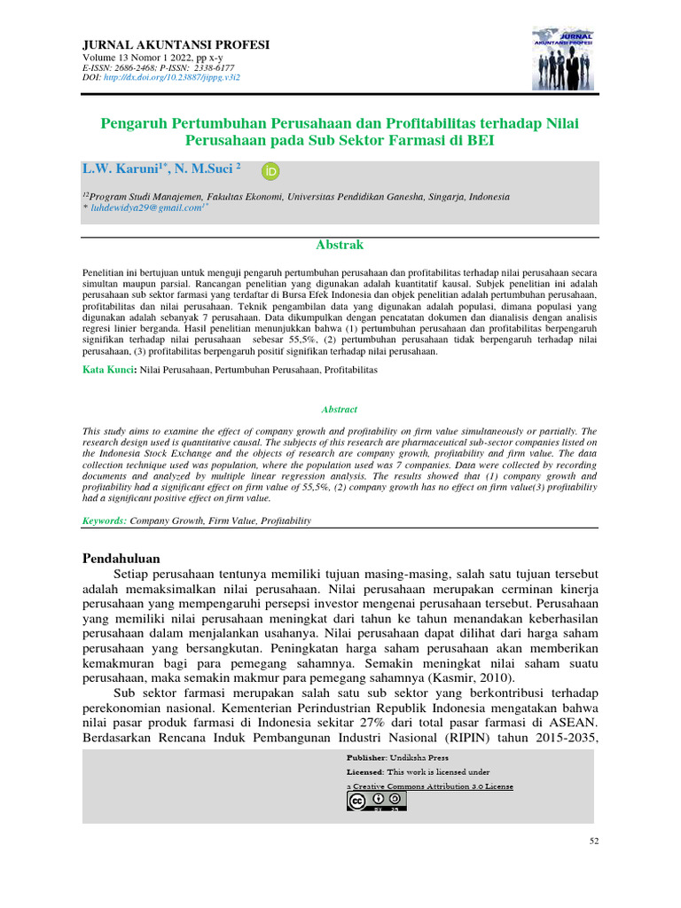 Pengaruh Pertumbuhan Perusahaan Dan Profitabilitas Terhadap Nilai Perusahaan Pada Sub Sektor ...