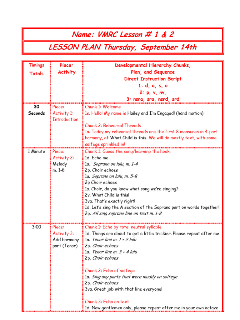VMRC Lesson Plan 1 & 2 | PDF | Choral Music | Elements Of Music