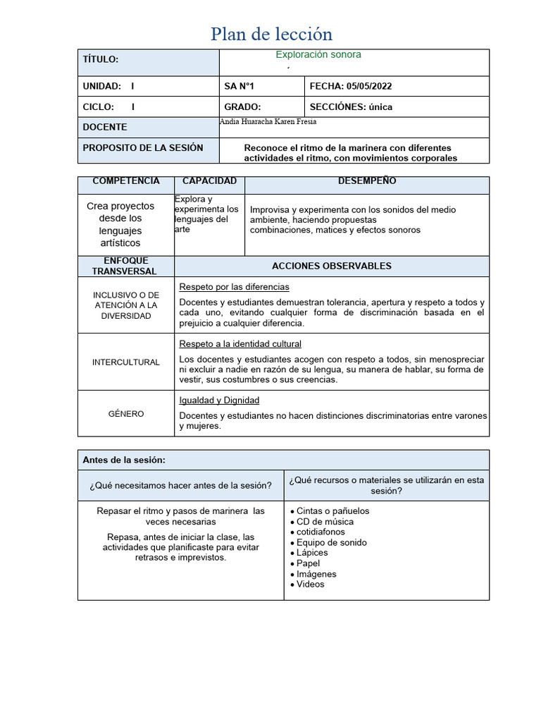 Plan de Leccion Karen Andia MARINERA | PDF | Aprendizaje | Sonido