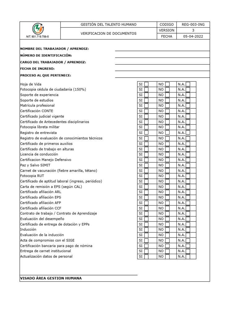 Reg-003-Ing Verificacion de Documentos Ingreso de Personal Civing | PDF