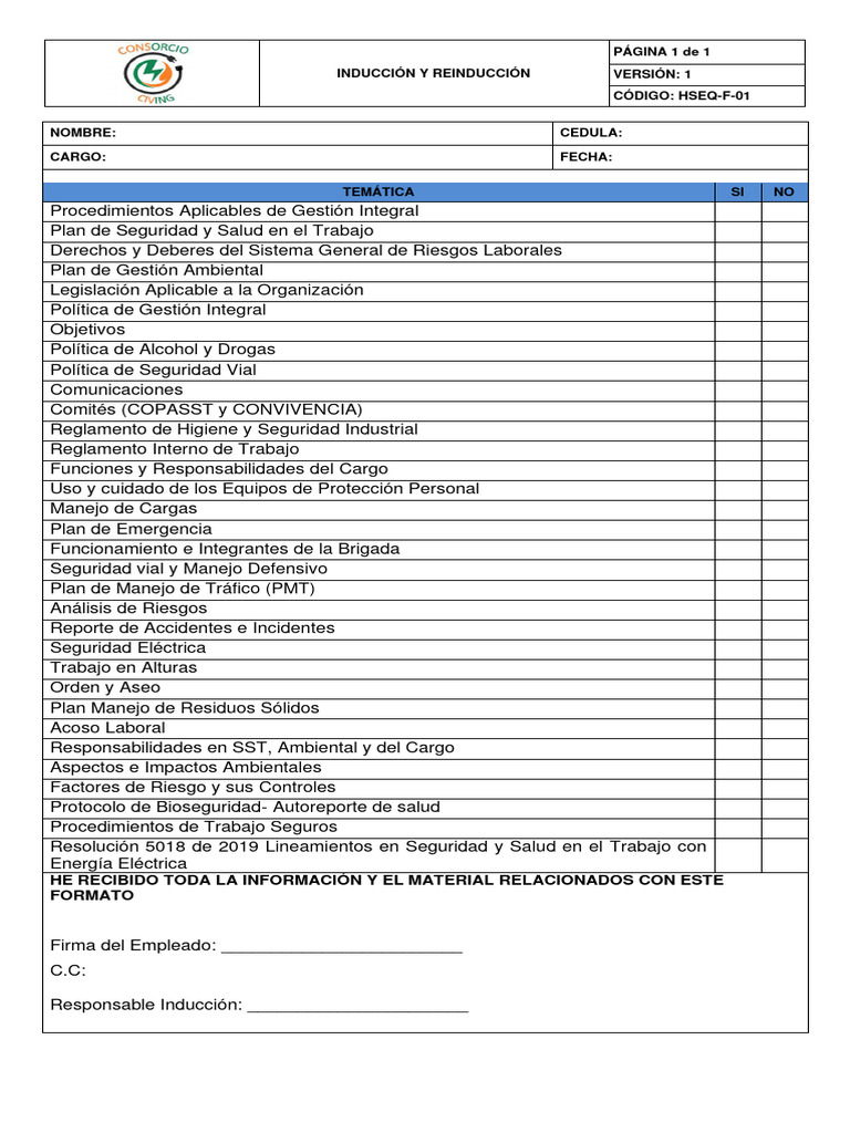 Hseq-F-01 Formato de Inducción y Reinducción | PDF