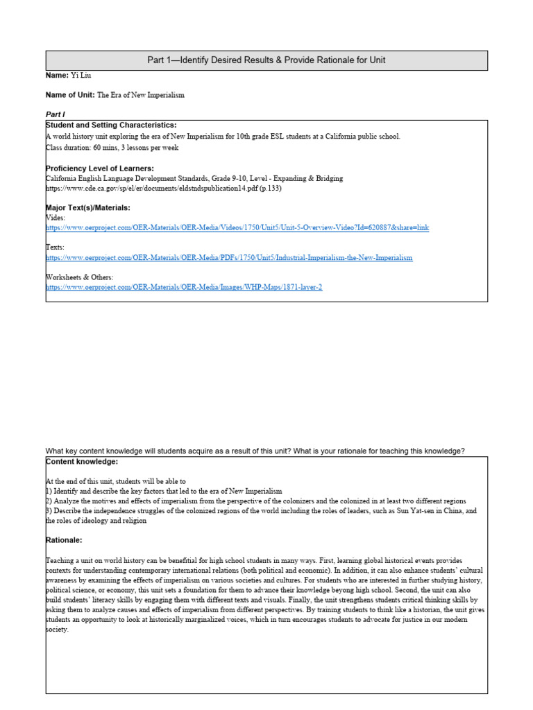 Ellin-Educ5216unitplan 1 | PDF | English As A Second Or Foreign Language | Imperialism