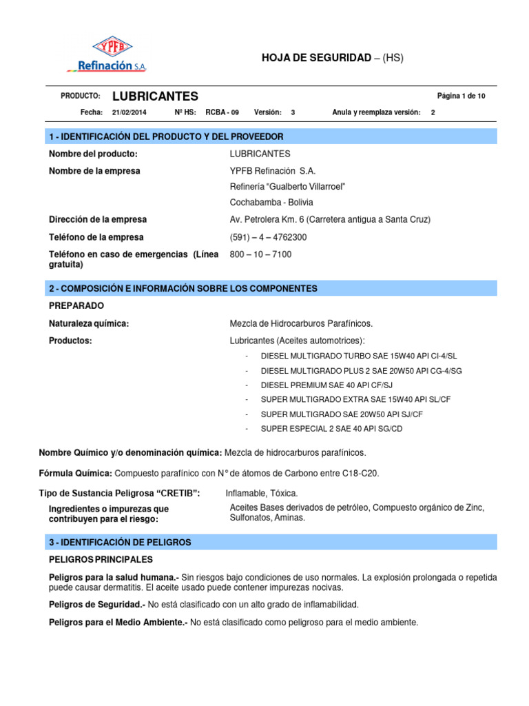 3-Hoja de Seguridad Lubricantes | PDF | Agua | Combustión