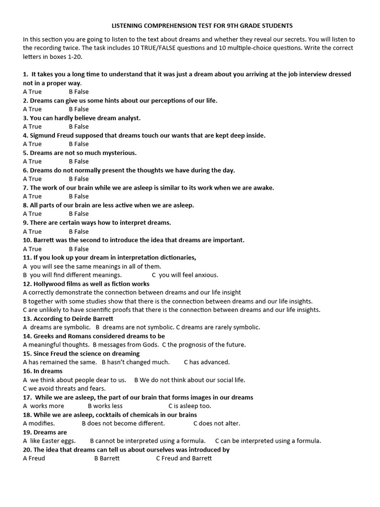 Listening Comprehension Test For 9th Grade Students | PDF | Dream ...