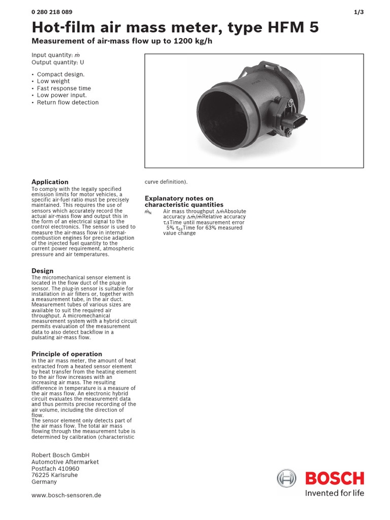 Hot-Film Air Mass Meter, Type HFM 5: Measurement of Air-Mass Flow Up To ...