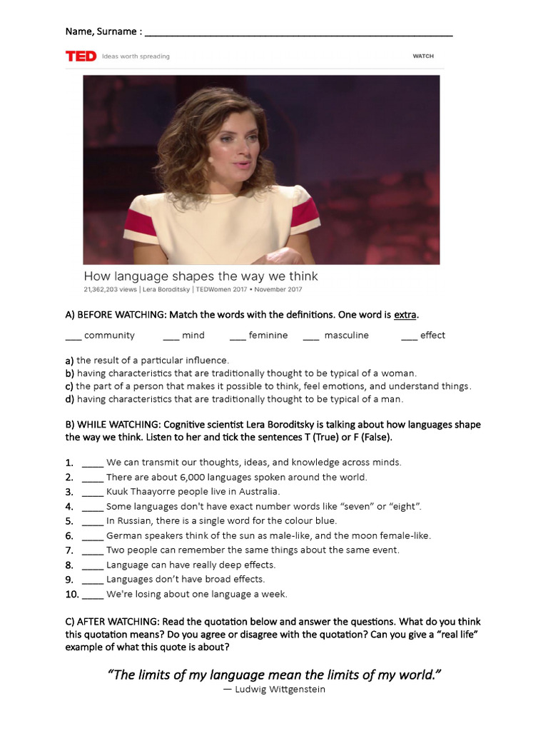 TED Talk Lera Boroditsky How Language Shapes | PDF | Grammatical Gender ...