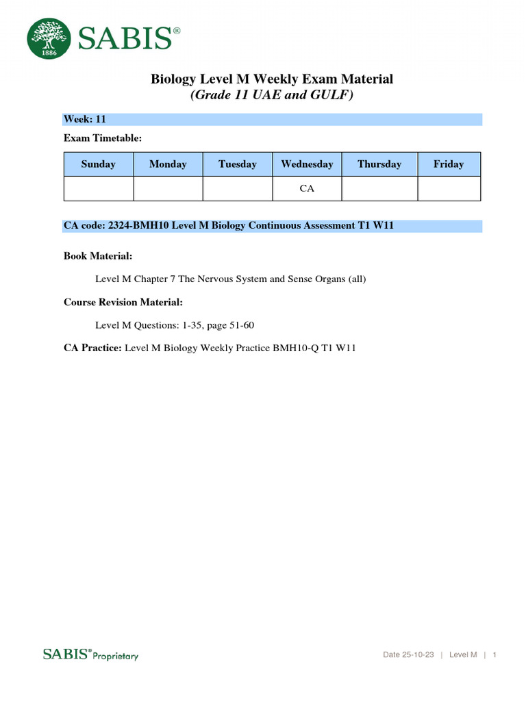 2324 Level M (Grade 11 UAE - Gulf) Biology Exam Related Materials T1 Wk11 | PDF