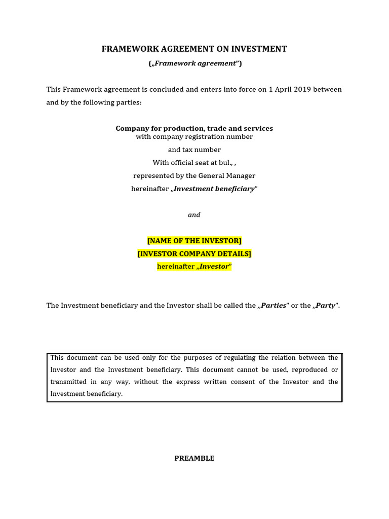 Investment Framework Agreement Overview | PDF | Euro | Investing